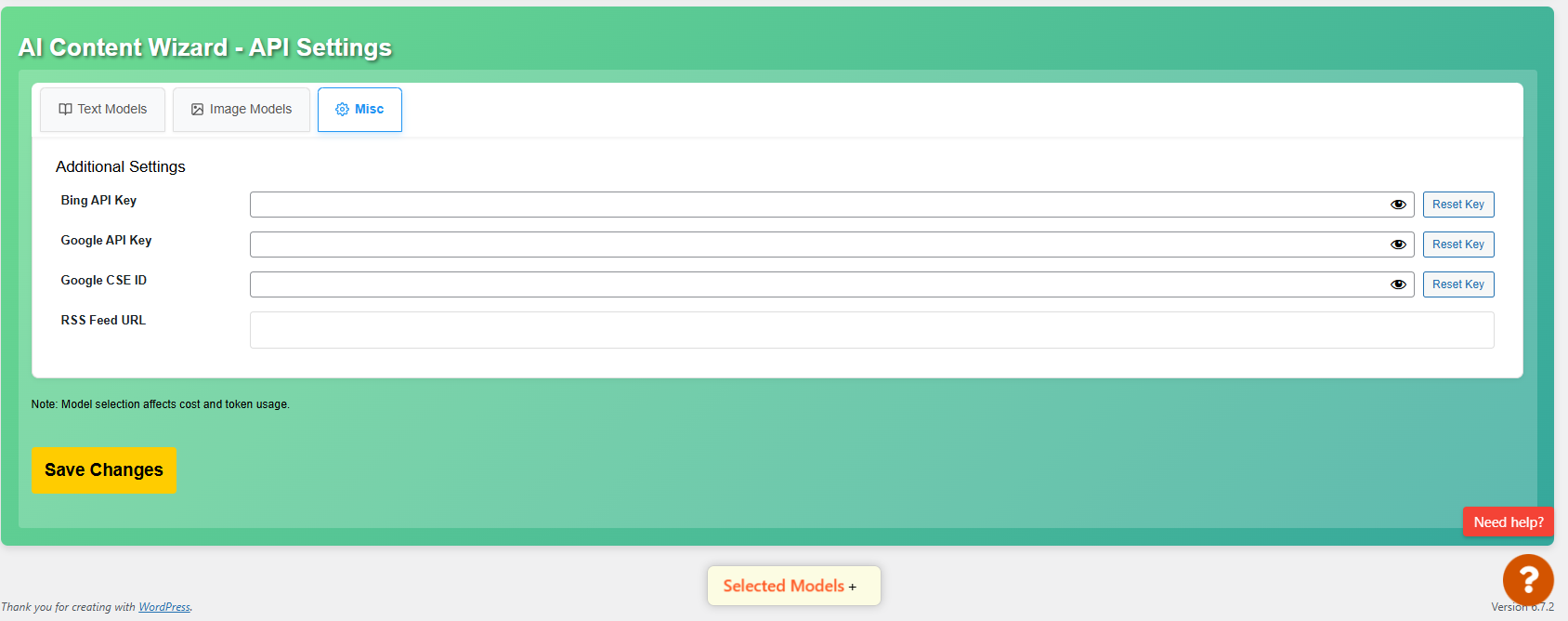 Additional API & Model Settings - AI Content Wizard