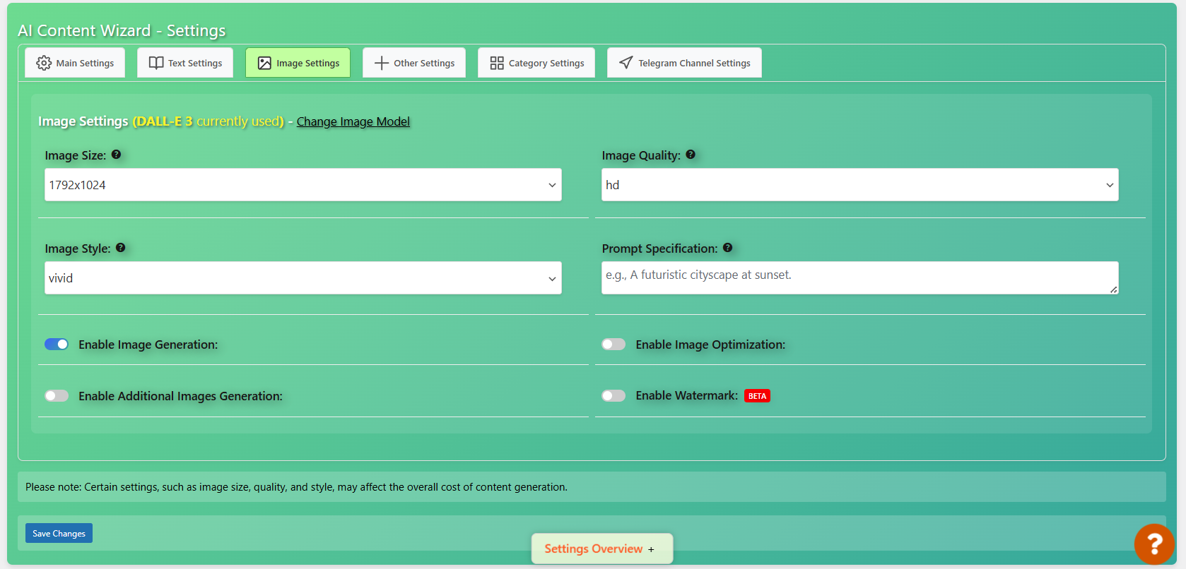 Image Settings – AI Image Generation Options - AI Content Wizard